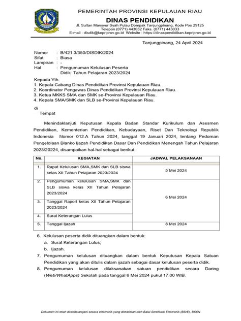 Surat Pengumuman Kelulusan Sma Dan Smk Dan Slb Pdf