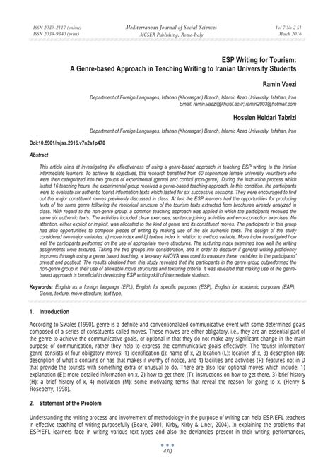 Pdf Esp Writing For Tourism A Genre Based Approach In Teaching Writing To Iranian University