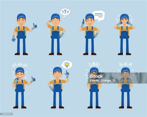 다른 상황에서 포즈를 취하는 작업자 캐릭터 집합입니다 쾌활한 자동차 정비사 전화에 이야기 생각 웃음 울고 가리키는 놀랐다 가리키기에 대한 스톡 벡터 아트 및 기타 이미지