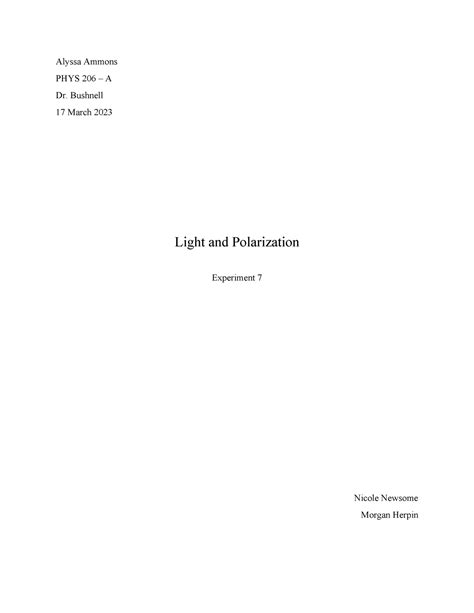 Physics Lab Report Alyssa Ammons PHYS A Dr Bushnell March Light And Studocu