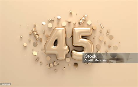 축제 색종이와 나선형 리본 황금 3d 번호 45 기념일 이벤트 파티를 축하하기위한 포스터 템플릿 3d 렌더링 45에 대한 스톡 사진 및 기타 이미지 Istock