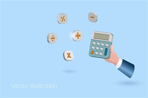 3d 현실적인 기호와 마이너스 곱하기 나누기 및 백분율이 있는 계산기를 들고 있는 사업가 사업 보고서 재무 판매 및 투자 벡터 그림입니다 3차원 형태에 대한 스톡 벡터 아트