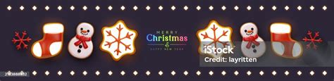 크리스마스 휴일 가로 배너 웹 포스터 웹 사이트 헤더 네온 라이트 진저 브레드 쿠키에 사실적인 3d 달콤한 쿠키와 크리스마스 테두리 귀여운 눈사람 양말 눈송이 벡터 일러스트