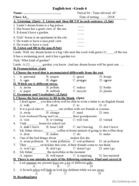 English Test Class 6 Tests 117281 1 Pdf
