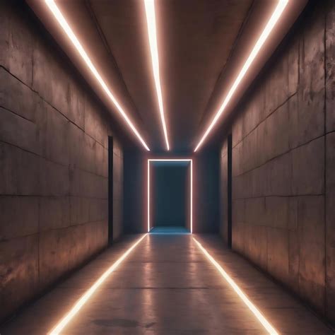 Premium Photo Industrial Hallway Corridor Underground Neon Light Lines Tunnel Empty Stage
