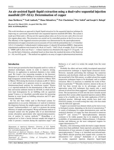 Pdf An Air Assisted Liquid Liquid Extraction Using A Dual Valve Sequential Injection Manifold