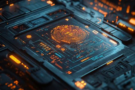 A Digital Lock Interface With Glowing Biometric Fingerprints Stock