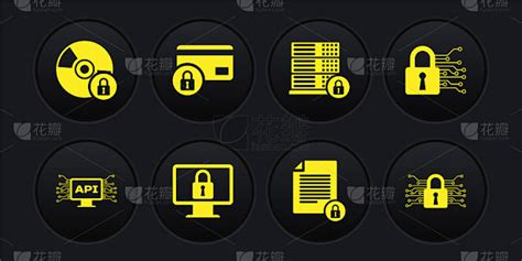 设置计算机api接口，网络安全，锁定监控，文件和锁定，服务器与信用卡图标。向量