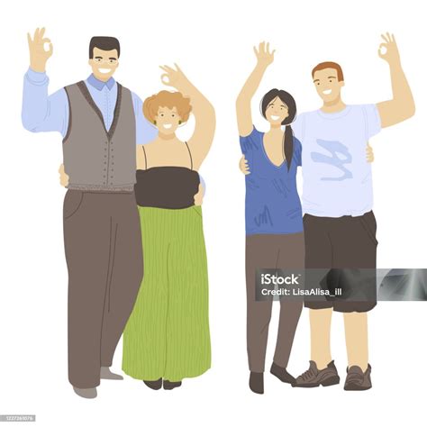 두 젊은 행복 쾌활한 부부의 벡터 만화 세트 서로 껴안고 손을 흔들며 흰색 배경에 고립 된 Ok Sign을 보여줍니다 행복한 부부 행복한 가족 그림 가족에 대한 스톡 벡터