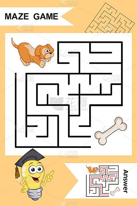 广场迷宫儿童与可爱的卡通狗孤立在彩色背景。找到通往骨头的路。入口和出口。答案包括在内。教育工作表。活