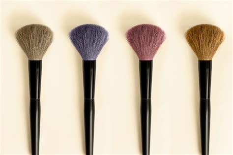 흰색 배경에 푹신한 색상의 강모가있는 메이크업 브러쉬 그룹 패션 미용사 또는 홈 화장품 적용의 악기의 클로즈업 0명에 대한 스톡 사진 및 기타 이미지 Istock