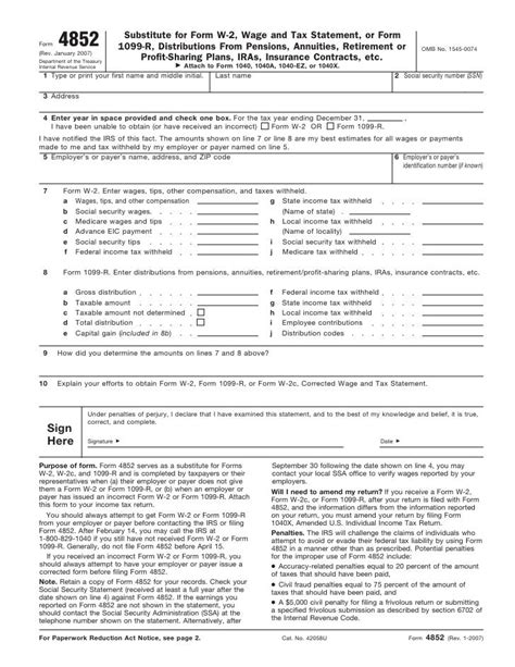 Printable Tax Form 4852 Printable Forms Free Online