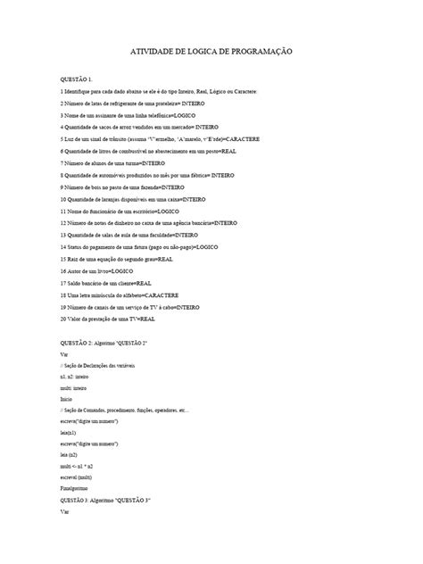 Atividade De Logica De Programação Pdf
