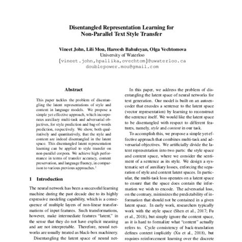 Disentangled Representation Learning For Non Parallel Text Style Transfer Acl Anthology