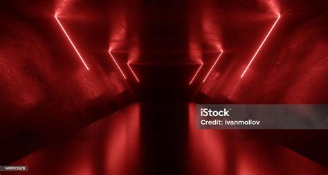 공상 과학 미래 네온 레이저 전기 사이버 빛나는 벙커 빨간색 생생한 조명 무대 차고 격납고 복도 복도 터널 시멘트 콘크리트 그런지 지하 클럽 3d 렌더링 0명에 대한 스톡