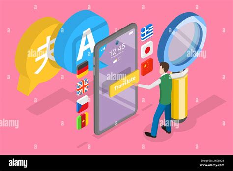 3d Isometric Flat Conceptual Illustration Of Online Multi Language Translation Mobile App
