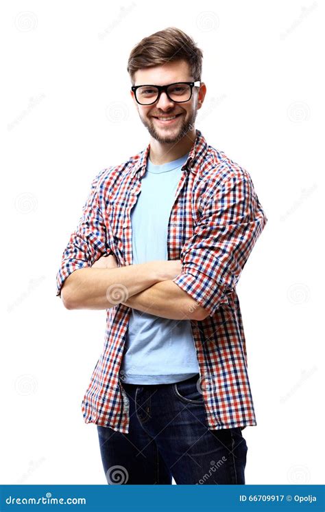 Latin Hipster Guy Wearing Glasses With His Arms Crossed And Smiling On White Background Stock