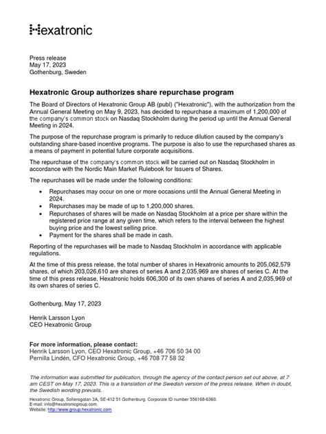 2023 05 17 Hexatronic Group Authorizes Share Repurchase Prog Pdf