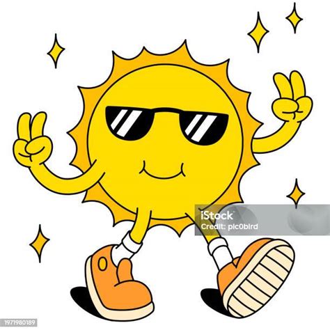 부츠를 걷는 그루비 스타일의 태양의 벡터 일러스트 레이 션과 평화 기호를 보여줍니다 태양 하늘에 대한 스톡 벡터 아트 및 기타 이미지 태양 하늘 만화 햇빛 Istock