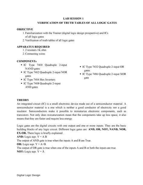 DLD LAB 1 Lab Manual Digital Logic Design LAB SESSION 1 VERIFICATION OF TRUTH TABLES OF ALL