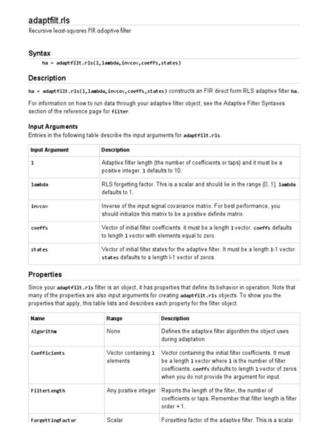 Recursive Least Squares Fir Adaptive Filter Matlab Adaptfilt Pdf Mathematical Analysis