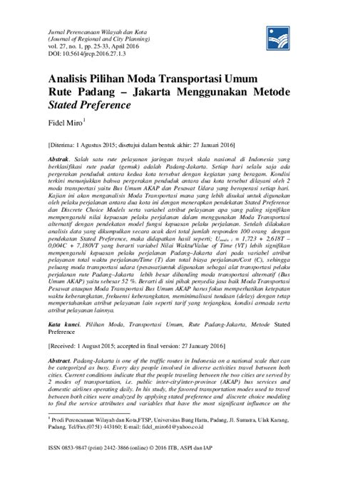 Pdf Analisis Pilihan Moda Transportasi Umum Rute Padang Jakarta Menggunakan Metode Stated