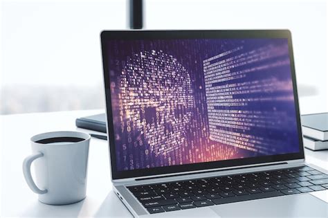 Premium Photo Modern Computer Monitor With Creative Code Skull Hologram Malware And Cyber
