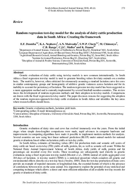 Pdf Random Regression Test Day Model For The Analysis Of Dairy Cattle Production Data In South