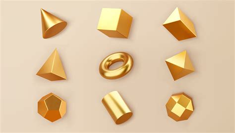 배경에 격리된 3d 렌더링 골드 기하학적 모양 객체 큐브 실린더 그림자 파이프 황금 광택 사실 원시 트렌디 한 디자인을위한 추상 장식 벡터 그림 입체 이미지에 대한 스톡