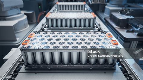 Ev 배터리 생산 공장 전기 자동차 또는 하이브리드 자동차용 리튬 이온 고전압 배터리 구성 요소의 클로즈업 자동차 산업 생산 라인용 배터리 모듈 0명에 대한 스톡 사진 및