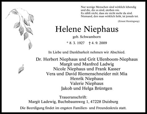 Traueranzeigen Von Helene Niephaus Trauer In Nrw De
