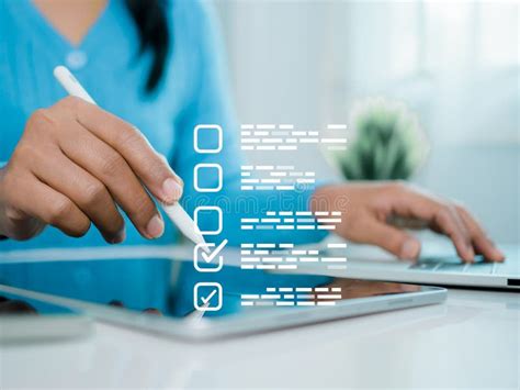 Woman Working On Laptop And Tablet Productivity Checklist And Filling