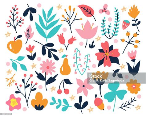 흰색 배경에 식물과 꽃의 밝은 세트 낙서의 스타일로 손으로 그린 초대장 엽서 스티커를 위한 벡터 플라워 장식 개체 그룹에 대한 스톡 벡터 아트 및 기타 이미지 Istock