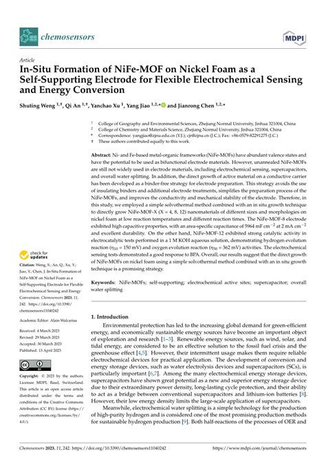 Pdf In Situ Formation Of Nife Mof On Nickel Foam As A Self Supporting Electrode For Flexible