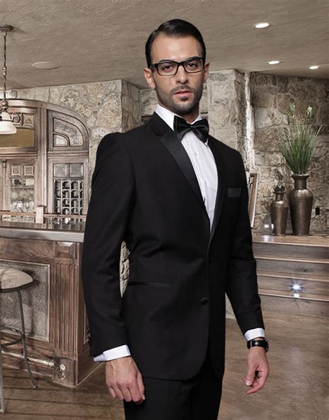 Tux Classic 2 Button Solid Black Tuxedo Super 150s Extra Fine Italian