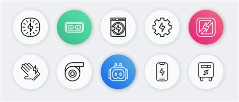 라인 티 플러그 전기 번개 없음 전기 장갑 휴대 전화 기어 및 와셔 미터 및 롤 접착 테이프 아이콘을 설정합니다 벡터 Prohibition에 대한 스톡 벡터 아트 및 기타