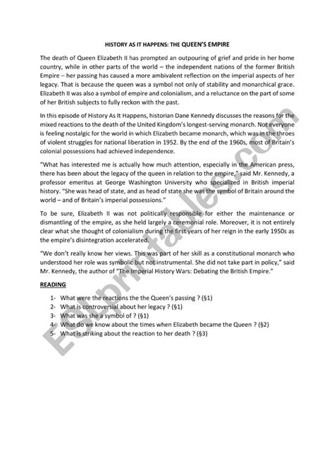 Queen Elizabethï½s passing ESL worksheet by bjanels1