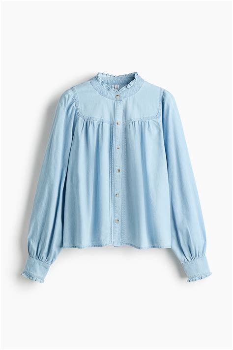 Womens Light Denim Blue Ruffle Trimmed Denim Blouse Handm Us
