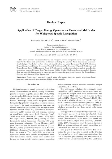 Pdf Application Of Teager Energy Operator On Linear And Mel Scales For Whispered Speech