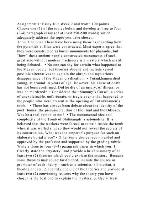 Assignment 1 Essay Due Week 2 And Worth 100 Points Choose One 1 Docx