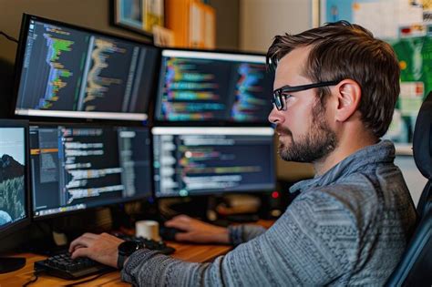 Software Developer Working On Code At A Multimonitor Desk Premium Ai Generated Image