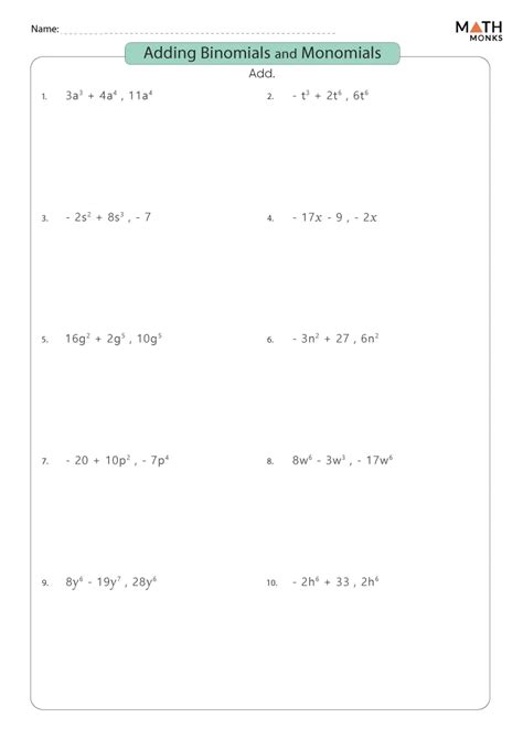 Adding And Subtracting Binomials Worksheets Math Monks
