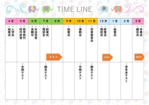 シンプルで見やすく書き方簡単な年間スケジュール表カラフルなゾウのイラスト入りで勉強計イラストボックスプレミアムテンプレート