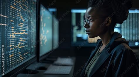 African American Woman Programmer Looking At Lines Of Code On A Screen Generative AI Stock
