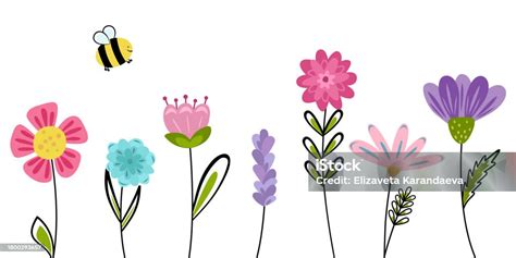 꽃을 놓고wirh 미소 꿀벌 귀여운 봄 정원과 소녀들을 위한 자연 요소 인사말 카드 부활절 어머니의 날을 위해 흰색에 고립 0명에 대한 스톡 벡터 아트 및 기타 이미지