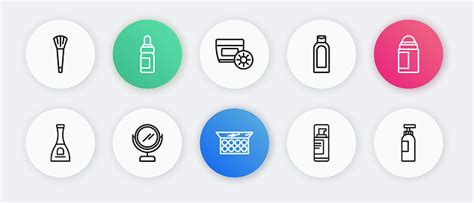 거울이 달린 메이크업 파우더 데오도란트 롤 매니큐어 병 쉐이빙 젤 폼 샴푸 자외선 차단제 크림 튜브 라운드 메이크업 아이콘 벡터 아이콘에 대한 스톡 벡터 아트 및 기타