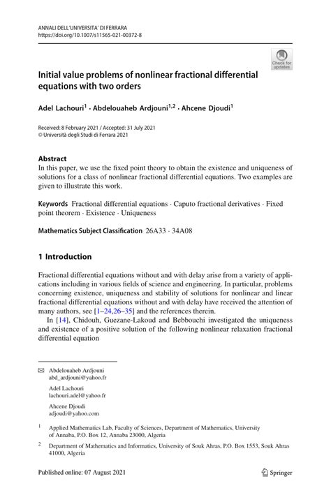 Pdf Initial Value Problems Of Nonlinear Fractional Differential Equations With Two Orders