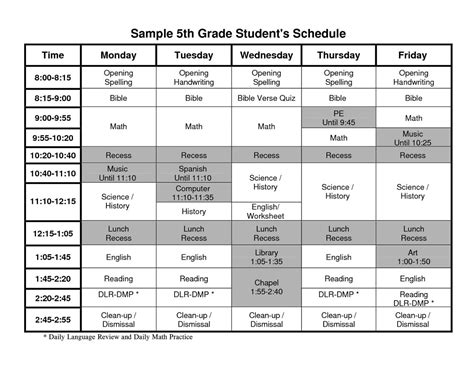 5th Grade Class Schedule