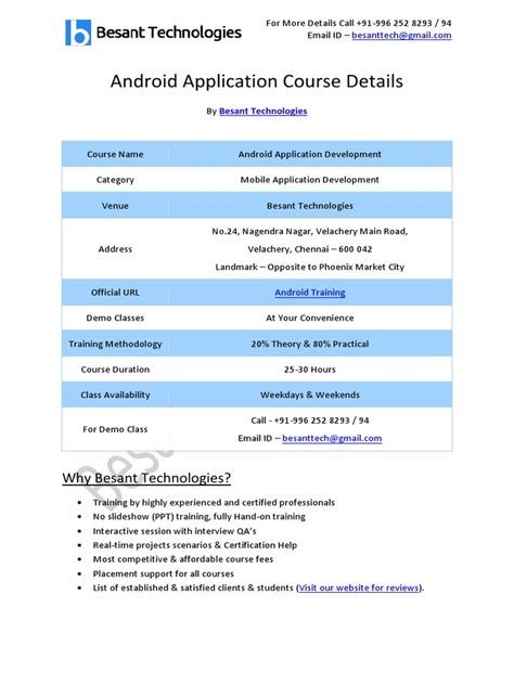 Android Application Development Besant Technologies Course Syllabus Pdf