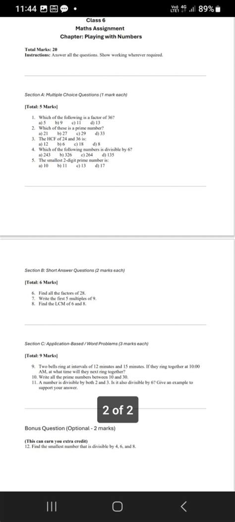 Cbse Class 6 Maths Assignment Playing With Numbers Section A Multiple